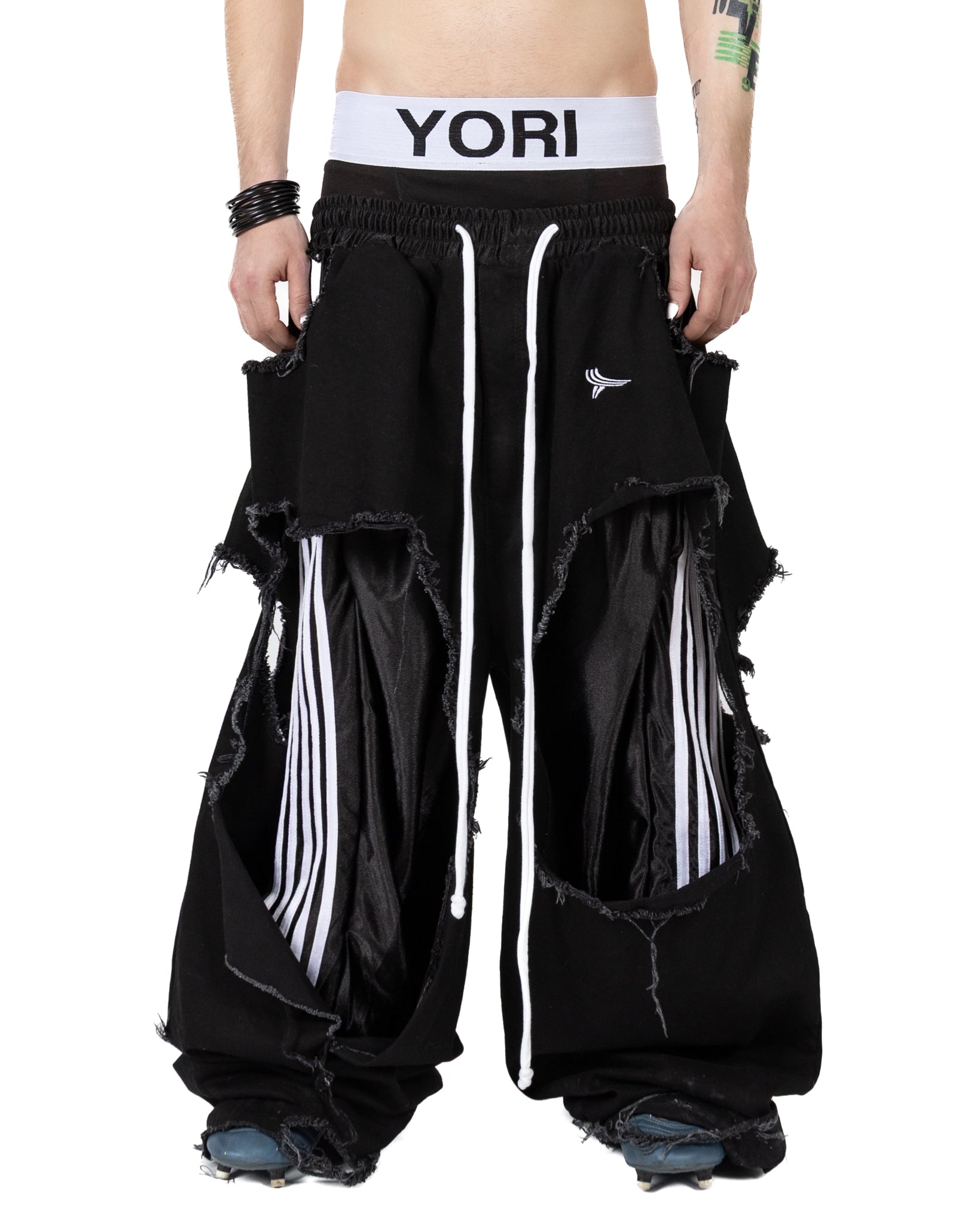 Tattered Double-Layer Basketball Denim (Black/White) | YORI